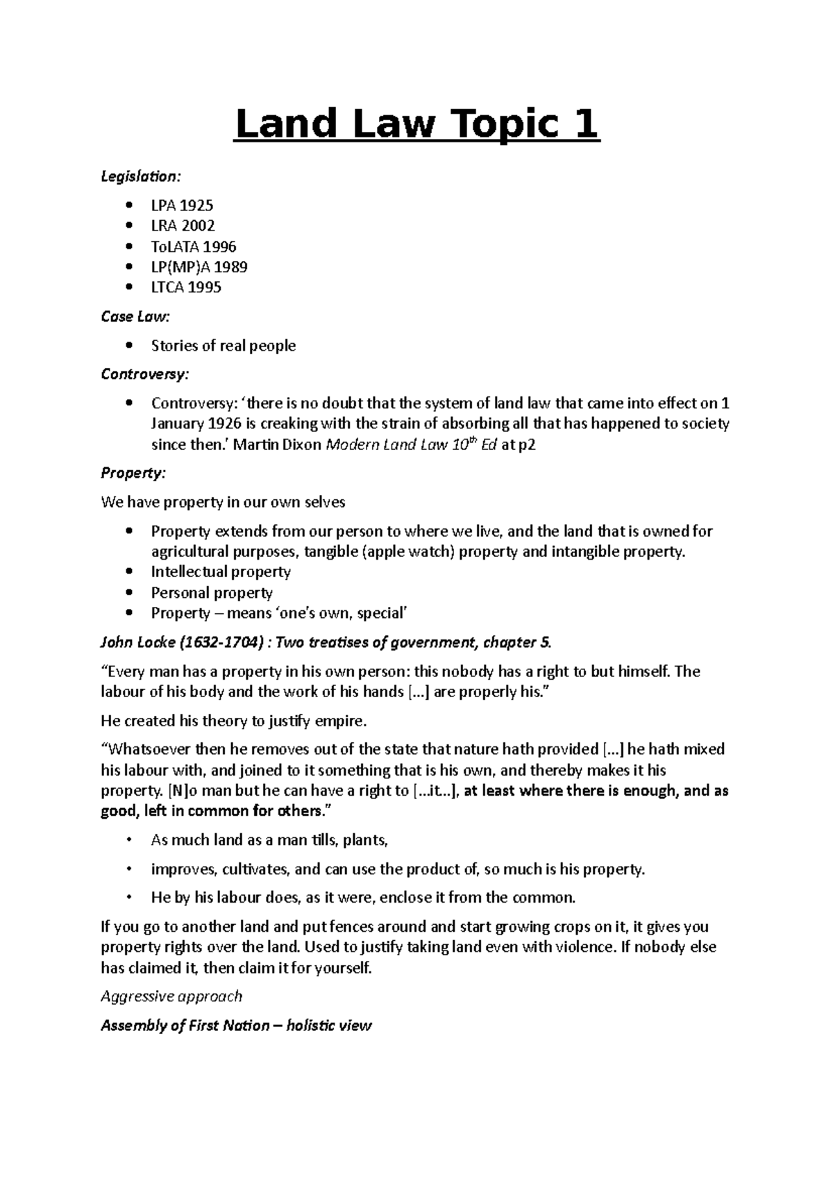 Land Law - topic 1 - Land Registration lecture notes, the basic ...
