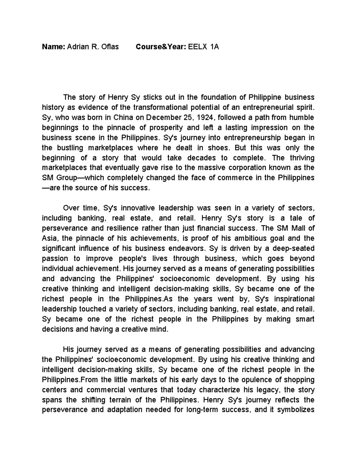 Purposive Communication 5W 1H - Name: Adrian R. Oflas Course&Year: EELX ...