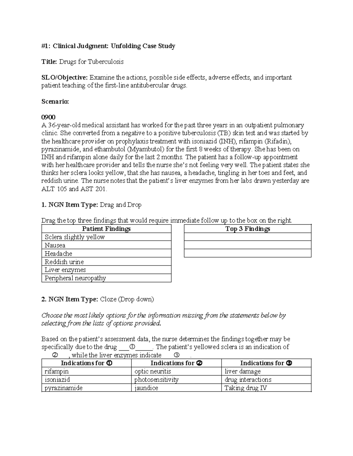 NGN Pharm case study - drugs for TB - questions - #1: Clinical Judgment ...