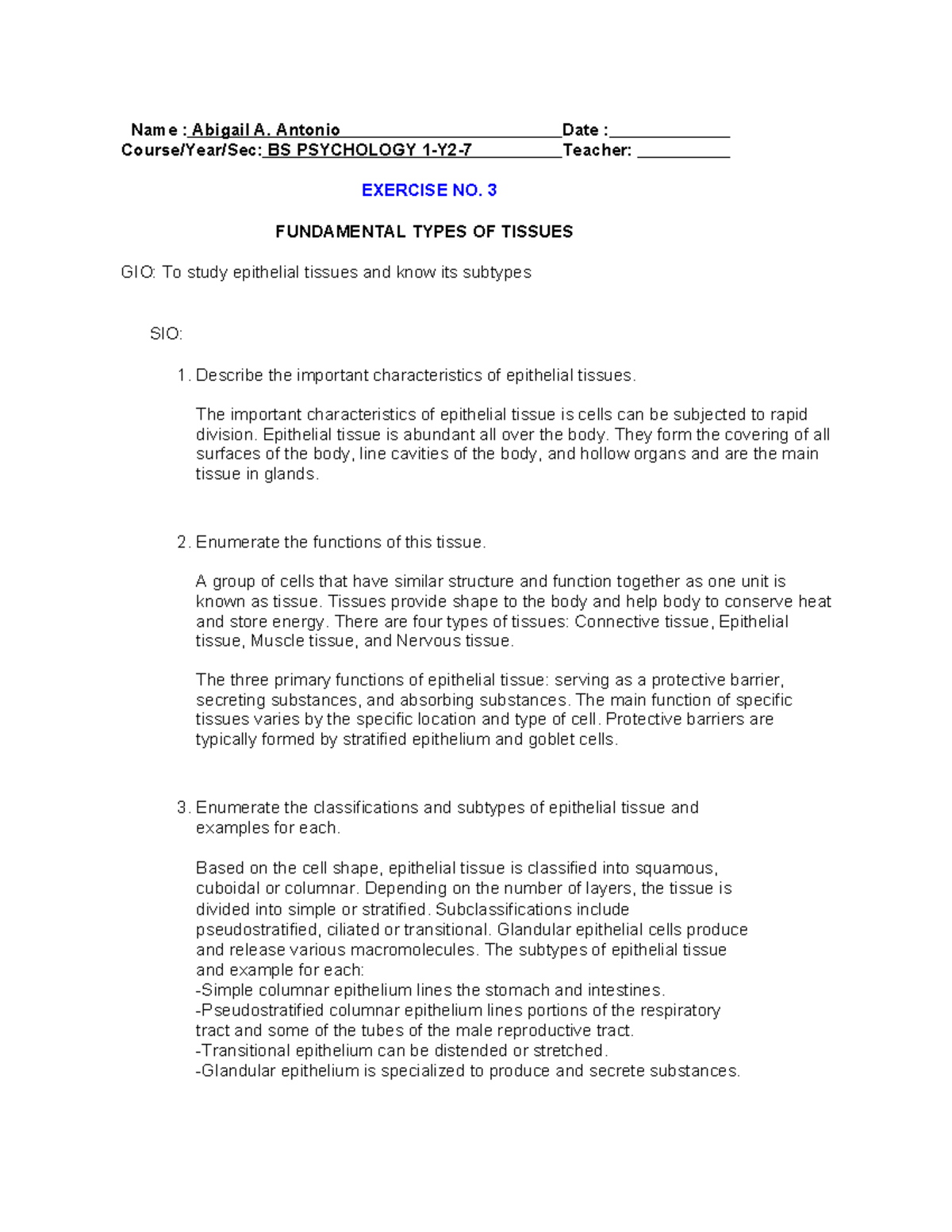 LAB Exercise Fundamental types of Tissues Integumentary System - Name ...