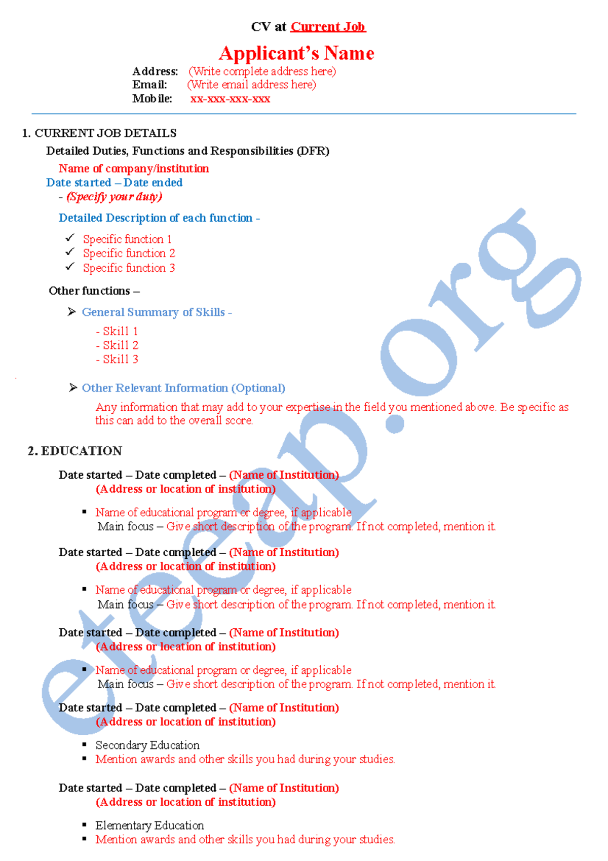 Sample CV - None - CV at Current Job Applicant’s Name Address: (Write ...