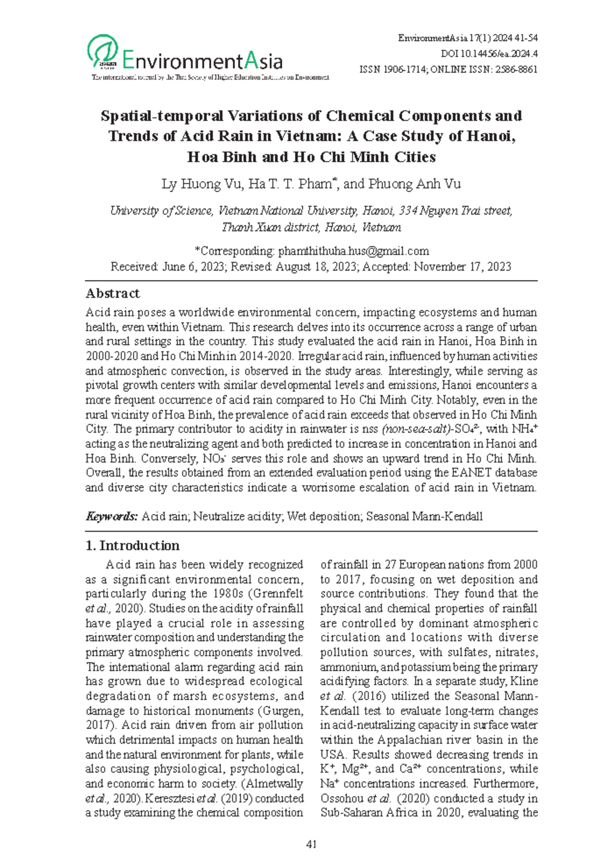 Spatial Temporal Variations Of Chemical Components And Trends Of Acid Rain In Vietnam A Case