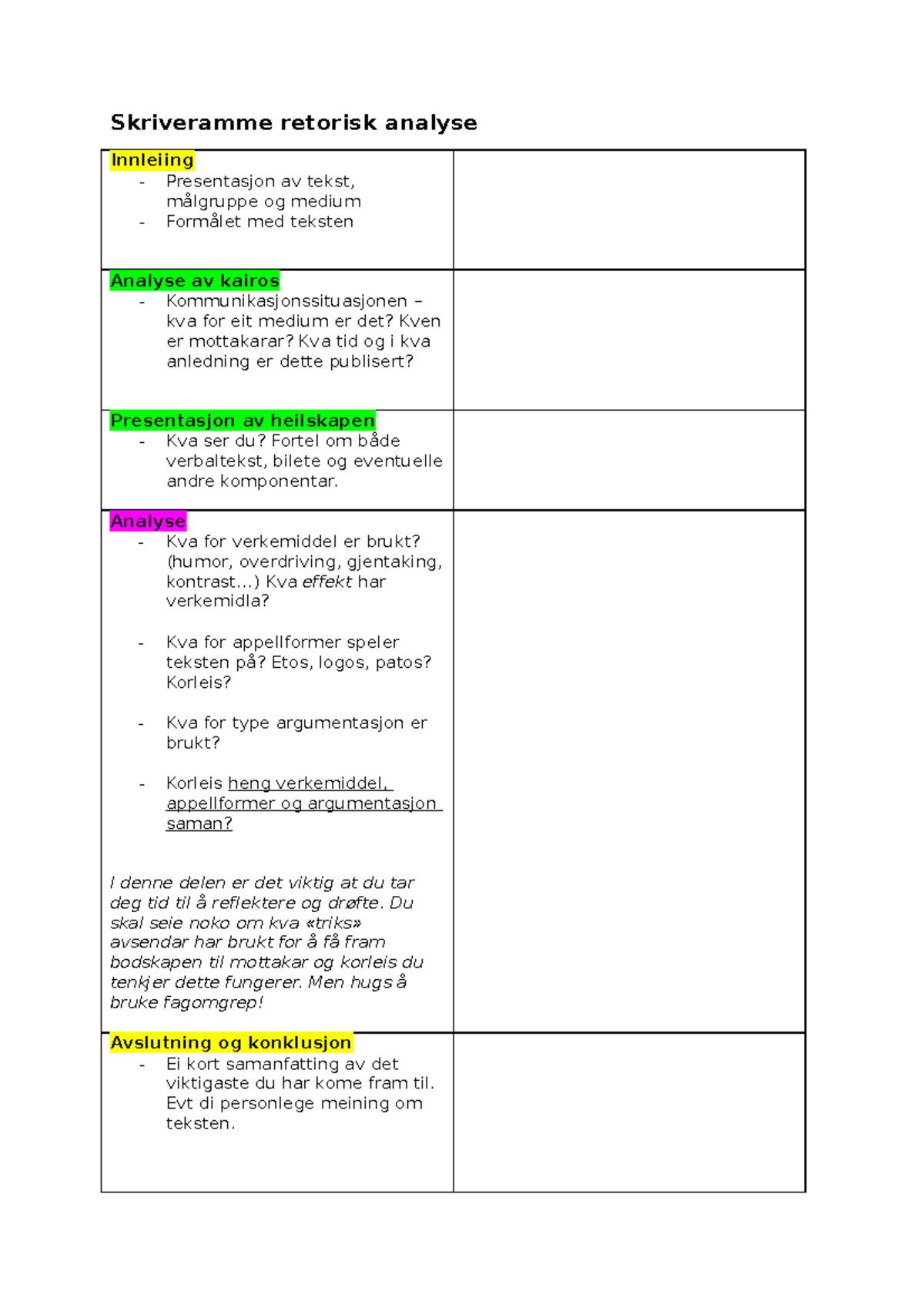 Skriveramme retorisk analyse - Skriveramme retorisk analyse Innleiing - Presentasjon av tekst ...