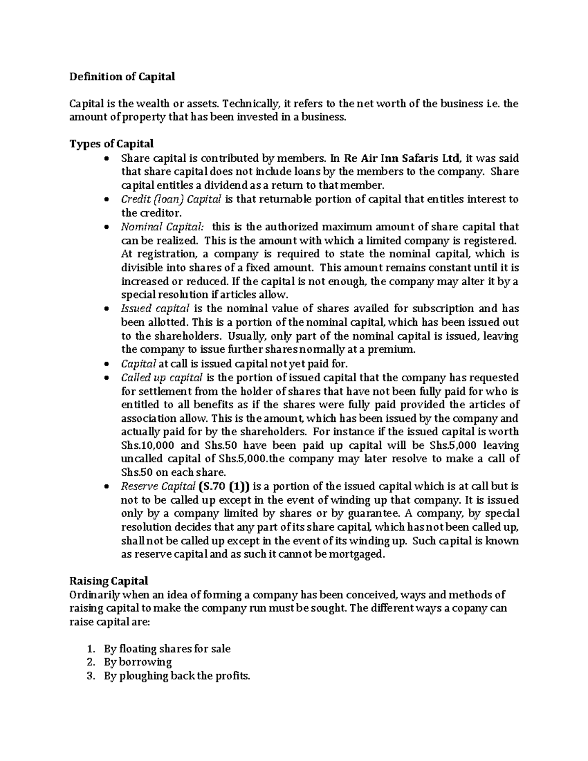 raising capital_Companylaw - Definition of Capital Capital is the ...