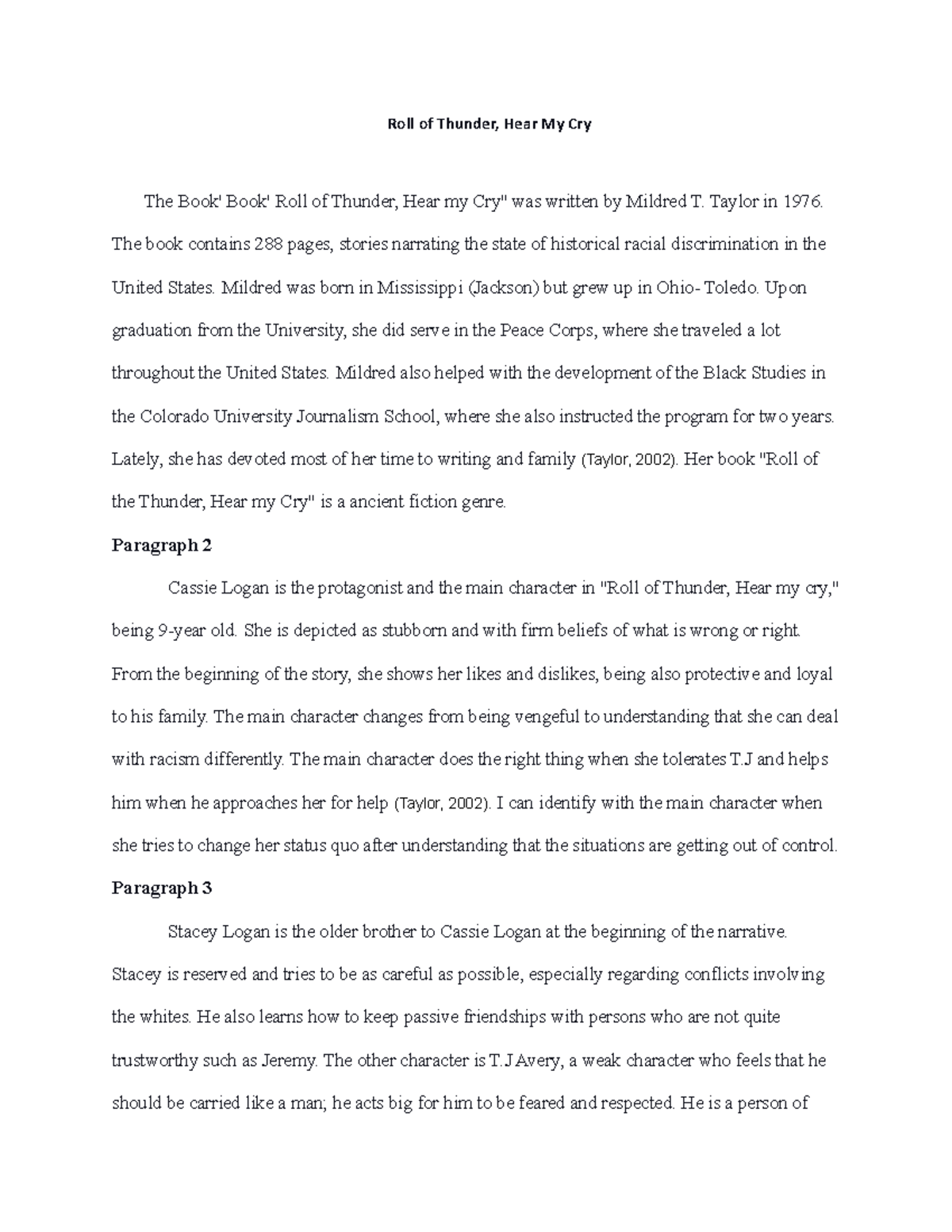 Roll of Thunder Hear My Cry - Studocu