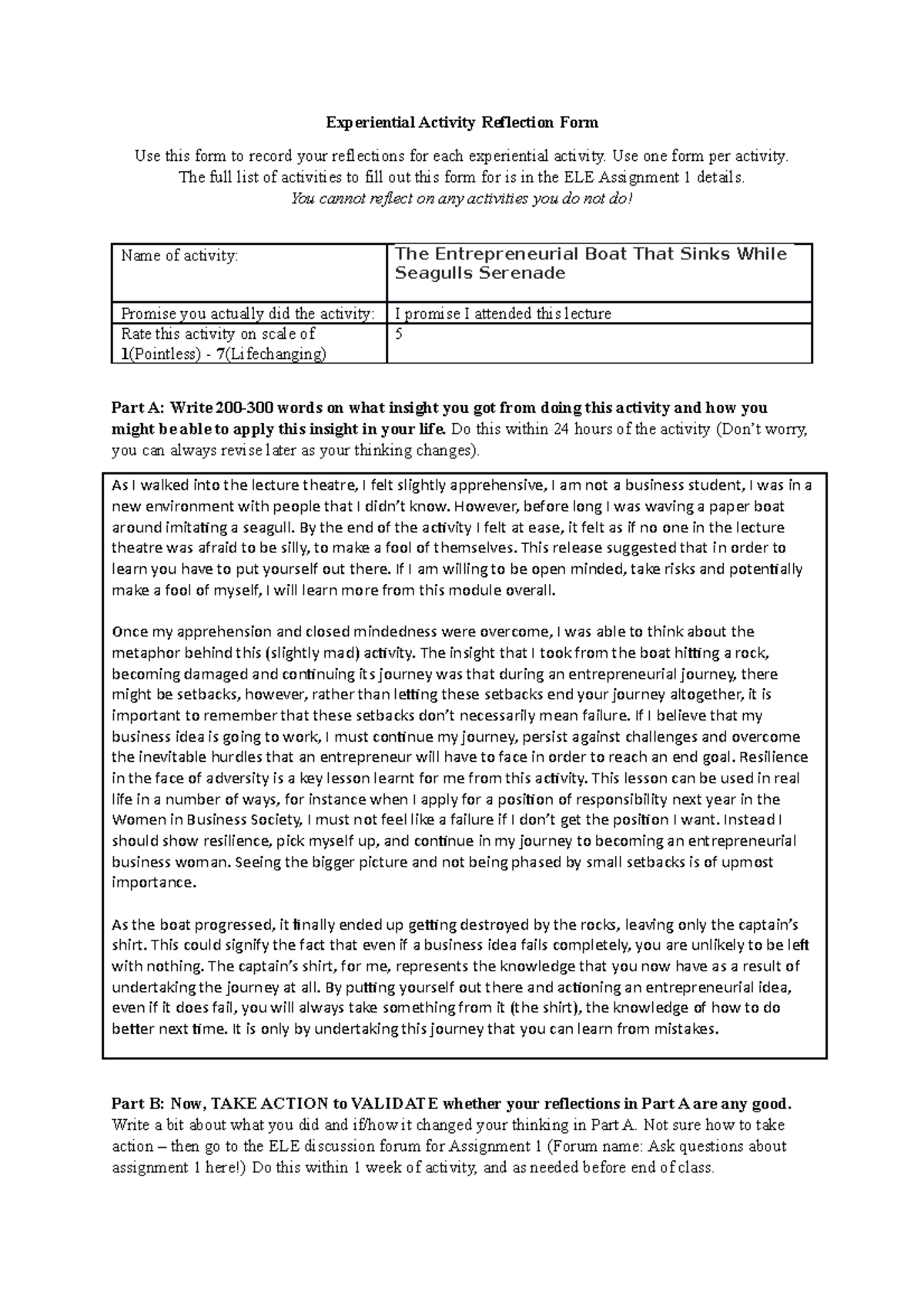 Reflection 1 - entrepeneurial boat - Experiential Activity Reflection ...