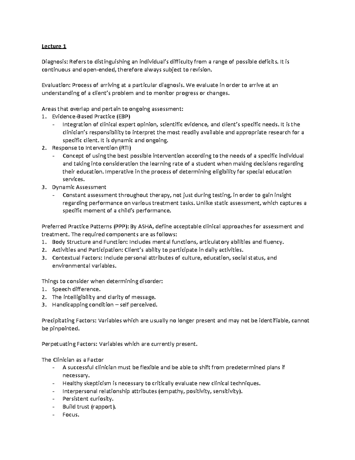 Intro to SLP Midterm Notes - Lecture 1 Diagnosis: Refers to ...