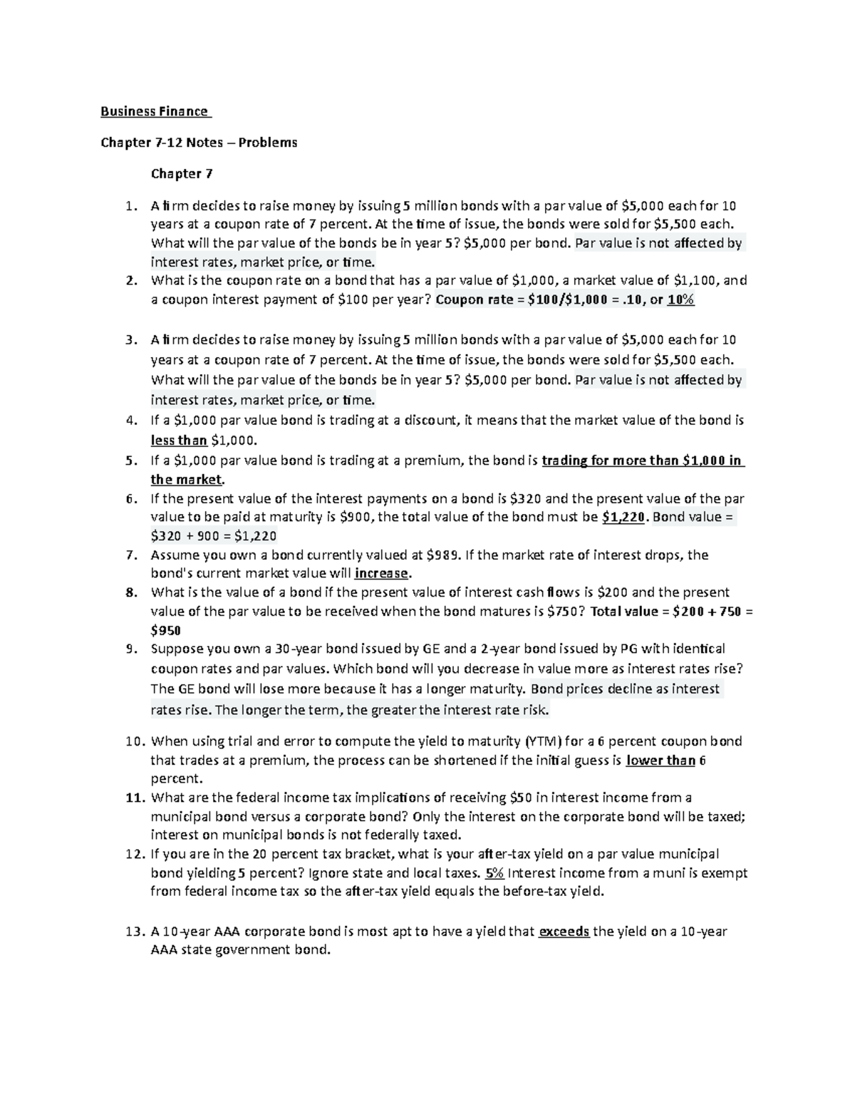 Business Finance Chapter 7-12 Notes Problems - Business Finance Chapter ...