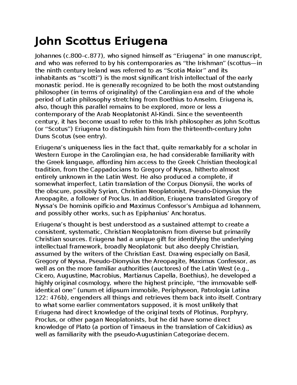 John Scottus Eriugena - John Scottus Eriugena Johannes (c–c), who ...