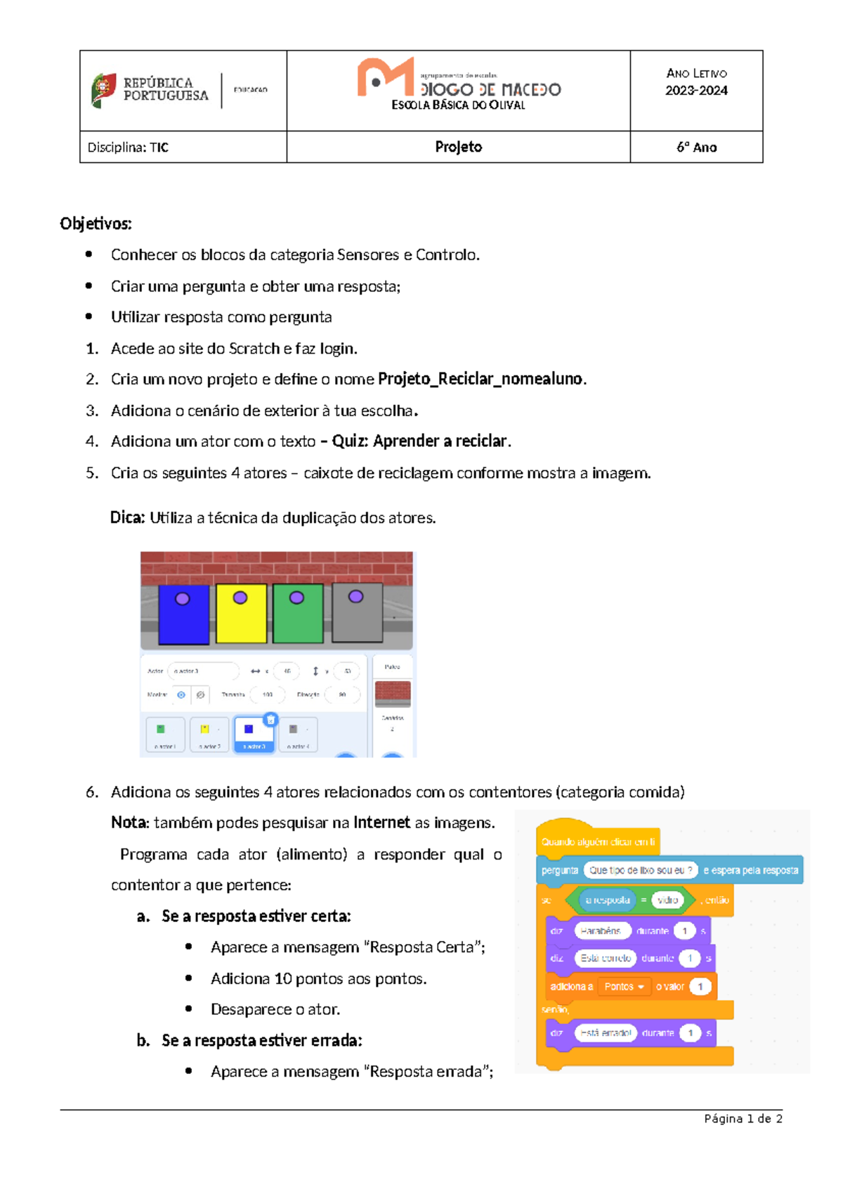 09 Projeto Scratch Reciclagem - ESCOLA BÁSICA DO OLIVAL ANO LETIVO 2023 ...