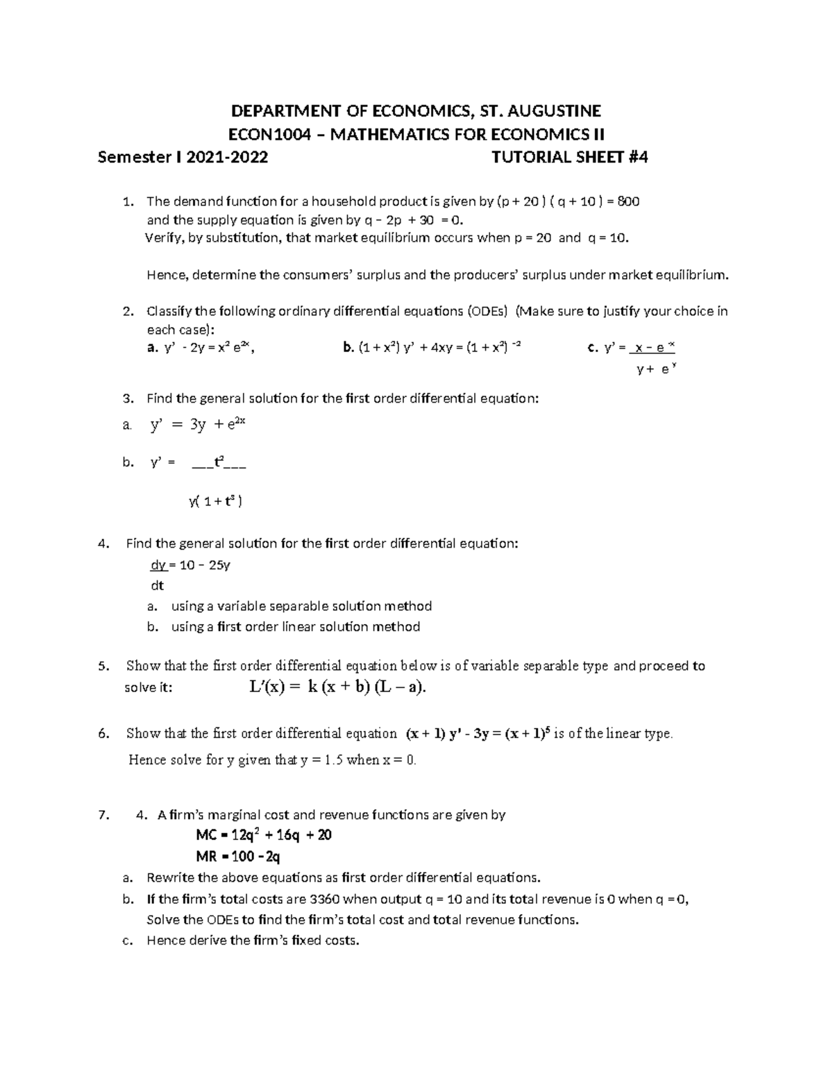 ECON1004 Tutorial Sheet #4 October 2021 - DEPARTMENT OF ECONOMICS, ST ...