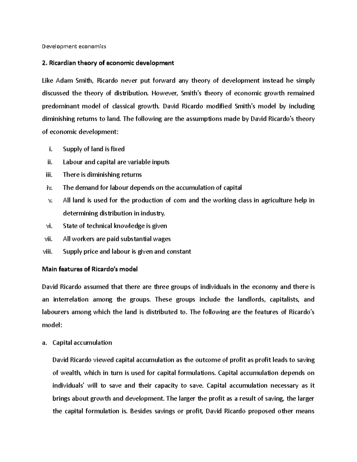 Development economics topic 4 - Development economics Ricardian theory ...