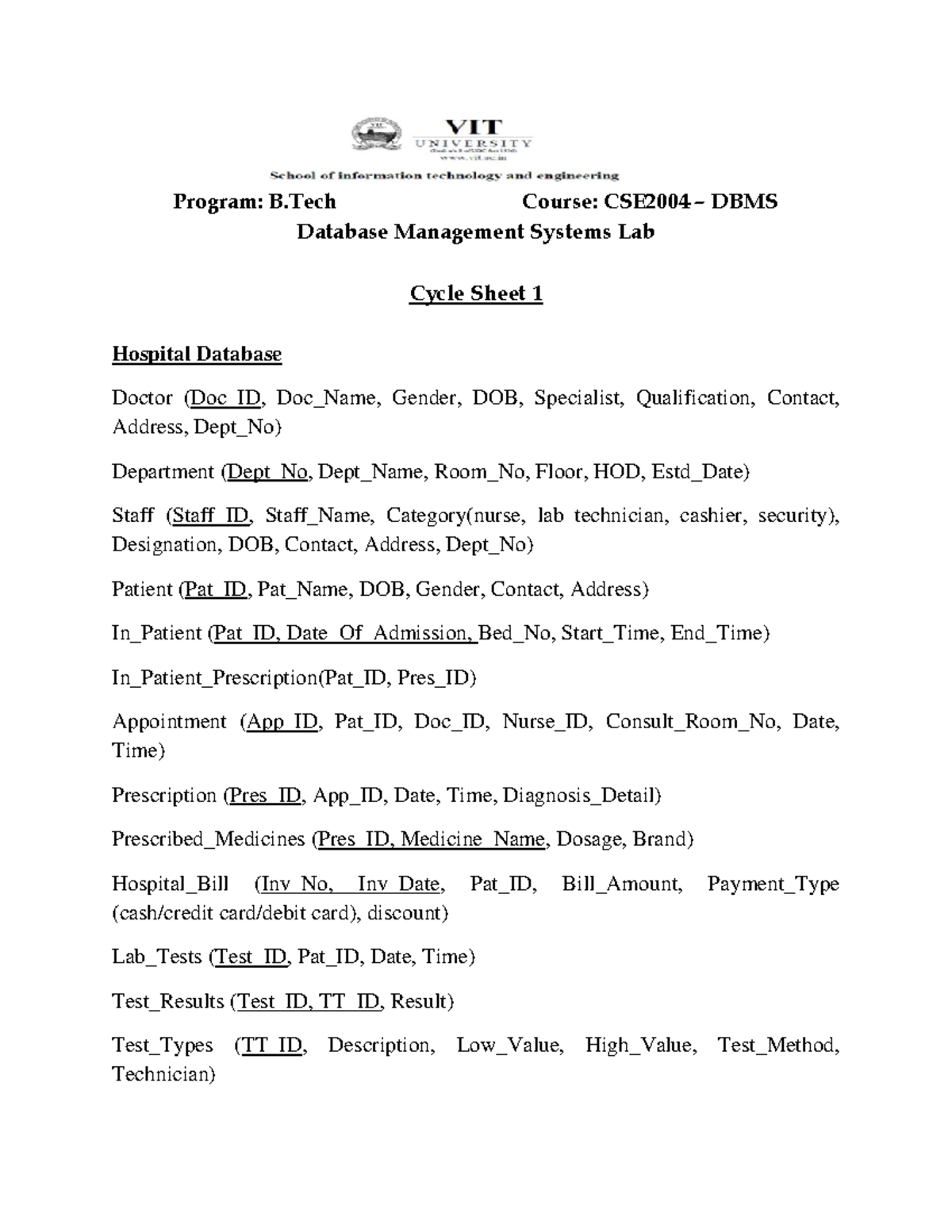 ELAassignment 1 - lab assignment - Program: B Course: CSE2004 – DBMS Database Management Systems ...