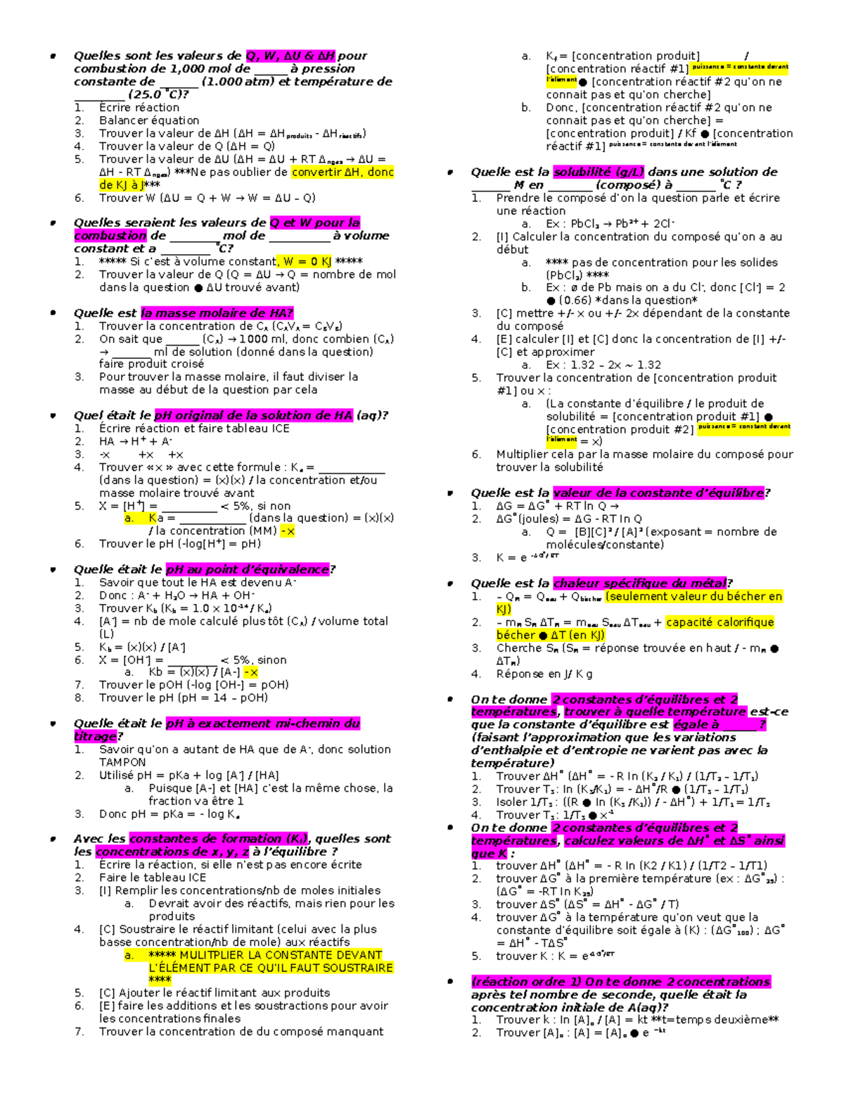 Cheat sheet examen finale - Quelles sont les valeurs de Q, W, ∆U & ∆H ...
