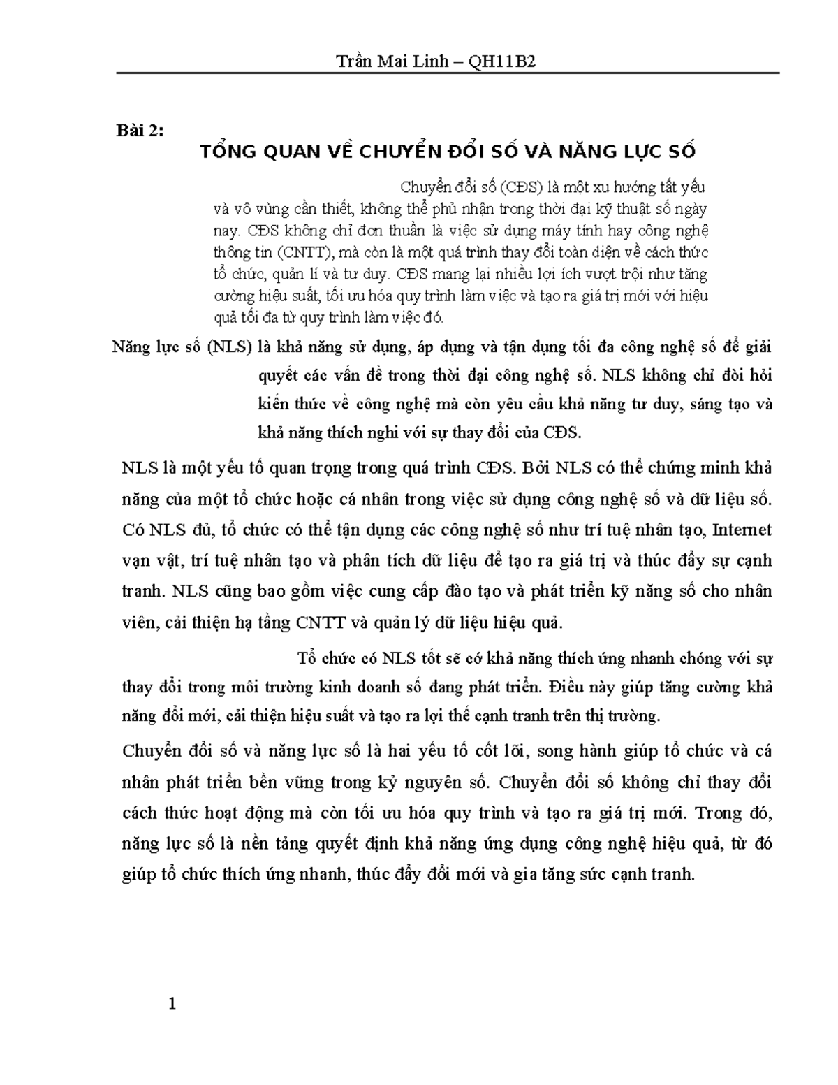 03.Tran Mai Linh QH11B2 Bai 2 - Trần Mai Linh – QH11B Bài 2: TỔNG QUAN VỀ CHUYỂN ĐỔI SỐ VÀ NĂNG ...