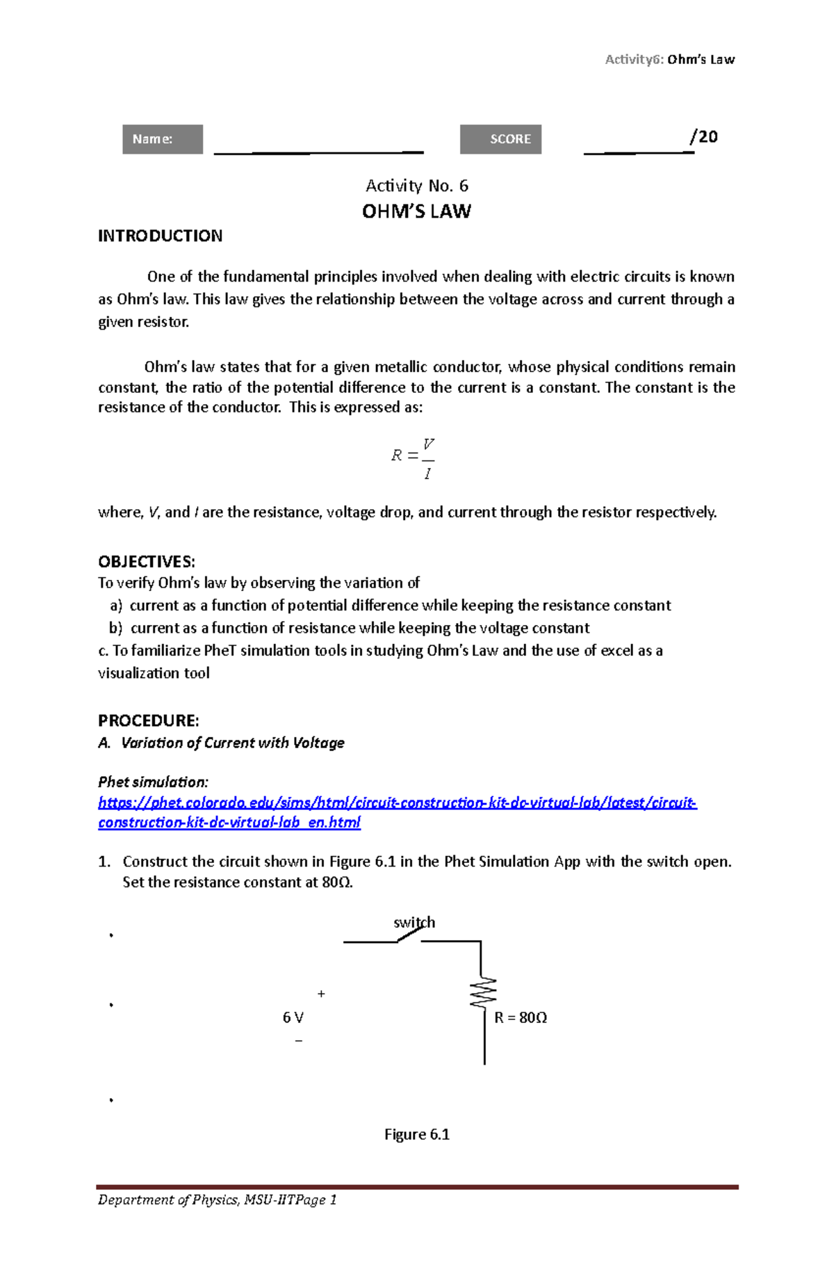 Activity 6-ohms law - Activity6: Ohm’s Law Department of Physics, MSU ...