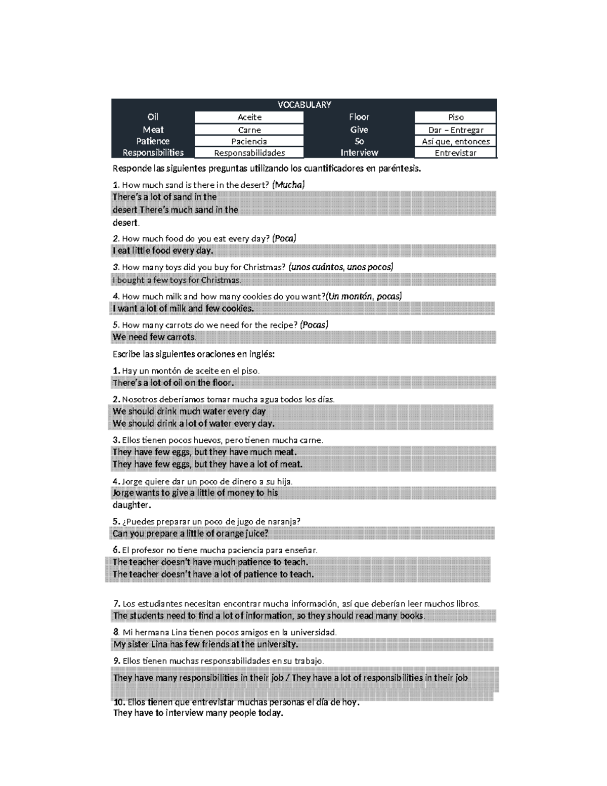 Quantifiers-Cuantificadores - VOCABULARY Oil Aceite Floor Piso Meat ...