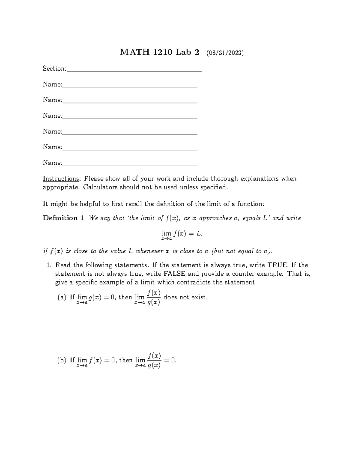 Basic limits 3 - MATH 1210 Lab 2 (08/31/2023) Section: Name: Name: Name: Name: Name: Name: - Studocu