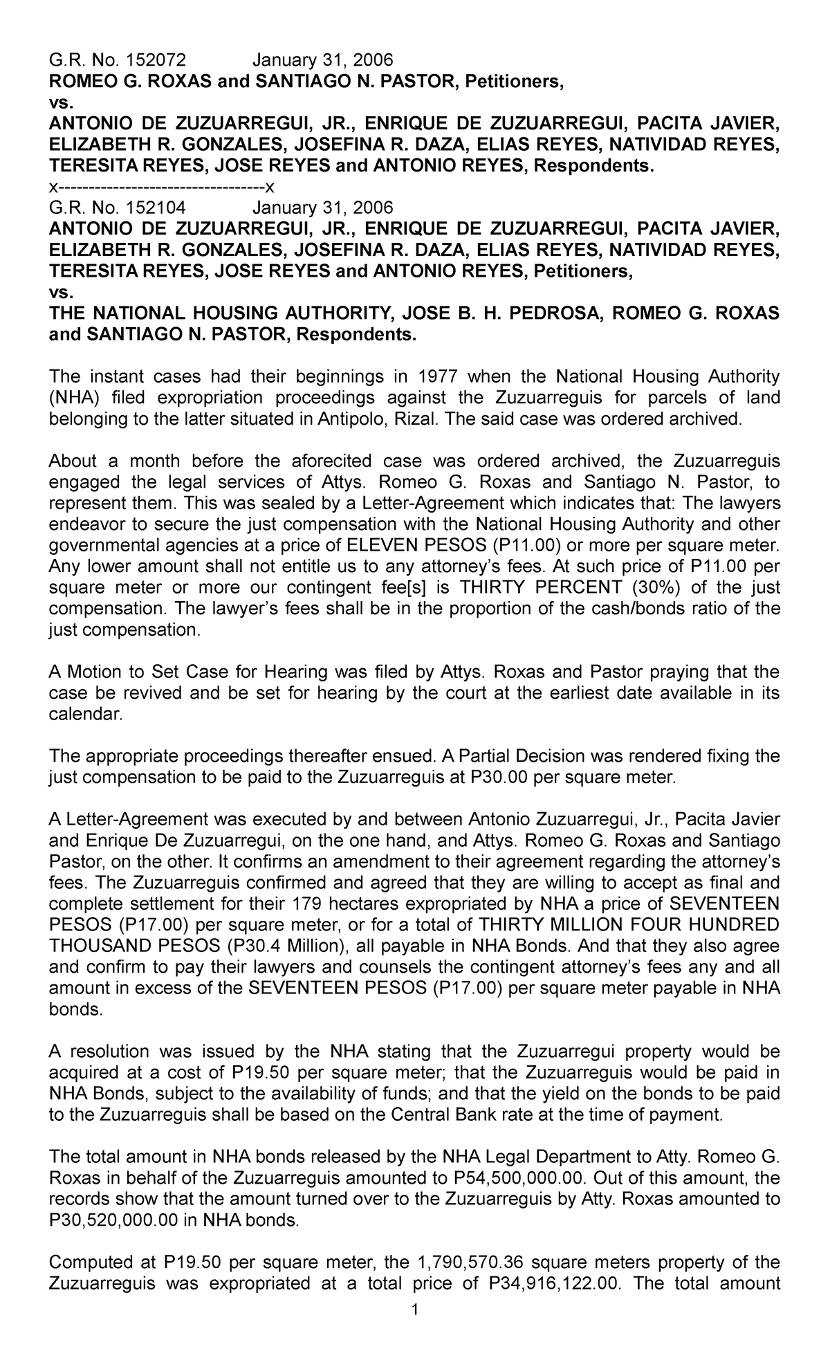 Pdfcoffee - roxas v. zuzuarregui - G. No. 152072 January 31, 2006 ROMEO ...