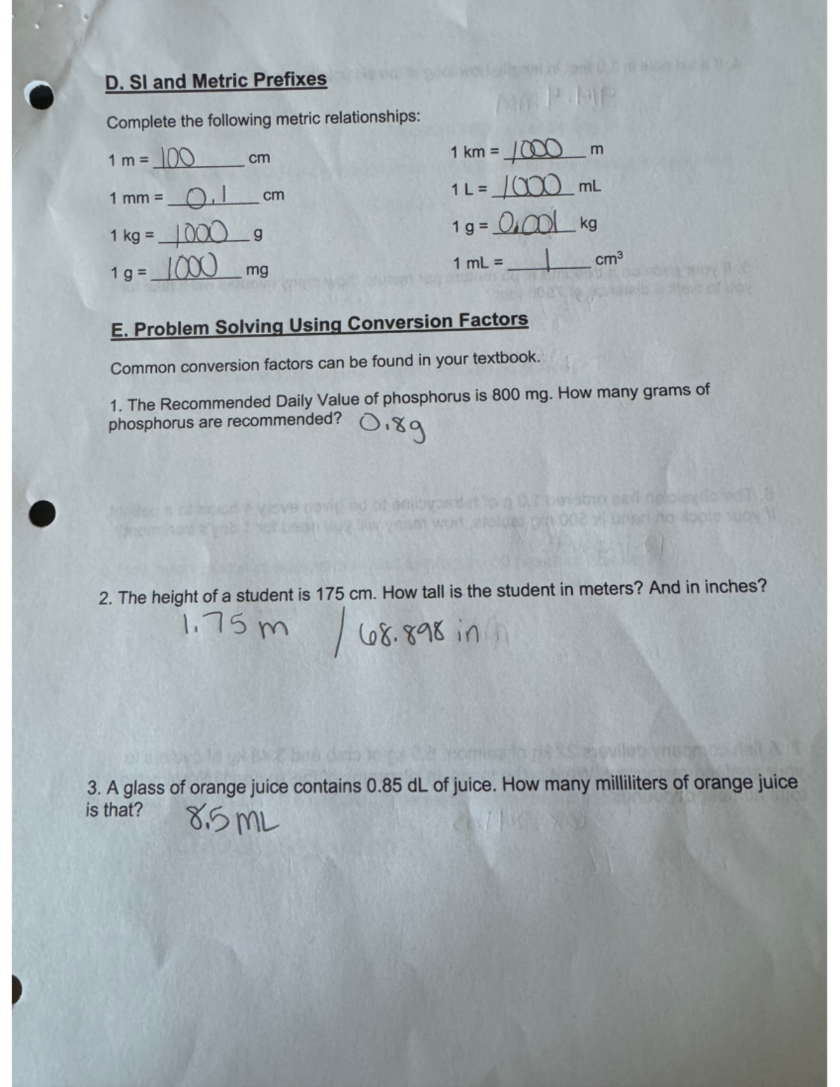 Intro to Math worksheet - D and Metric Prefixes Complete the following ...