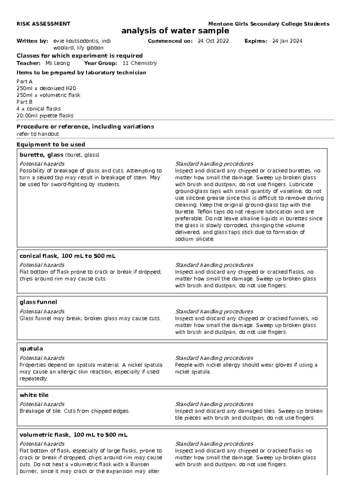 Analysis of water sample - Teacher: Ms Leong Year Group: 11 Chemistry ...