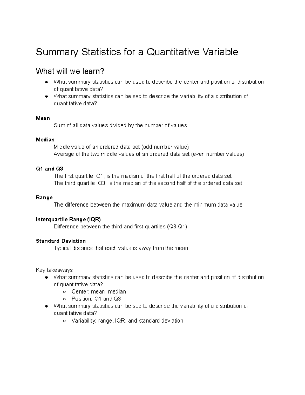 notes for statistics - Summary Statistics for a Quantitative Variable ...