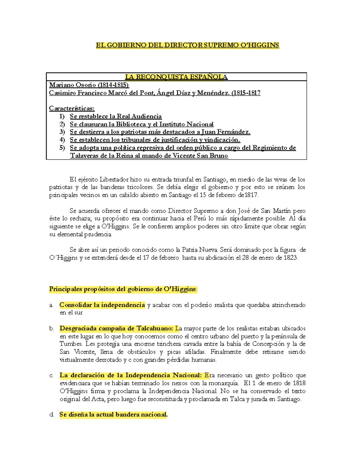 Lección Ohigins - EL GOBIERNO DEL DIRECTOR SUPREMO O’HIGGINS LA ...