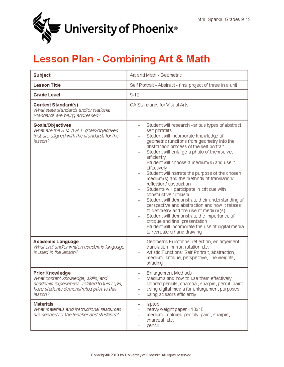 Art and Geometry Lesson Plan Mary Sparks - Mrs. Sparks, Grades 9 ...