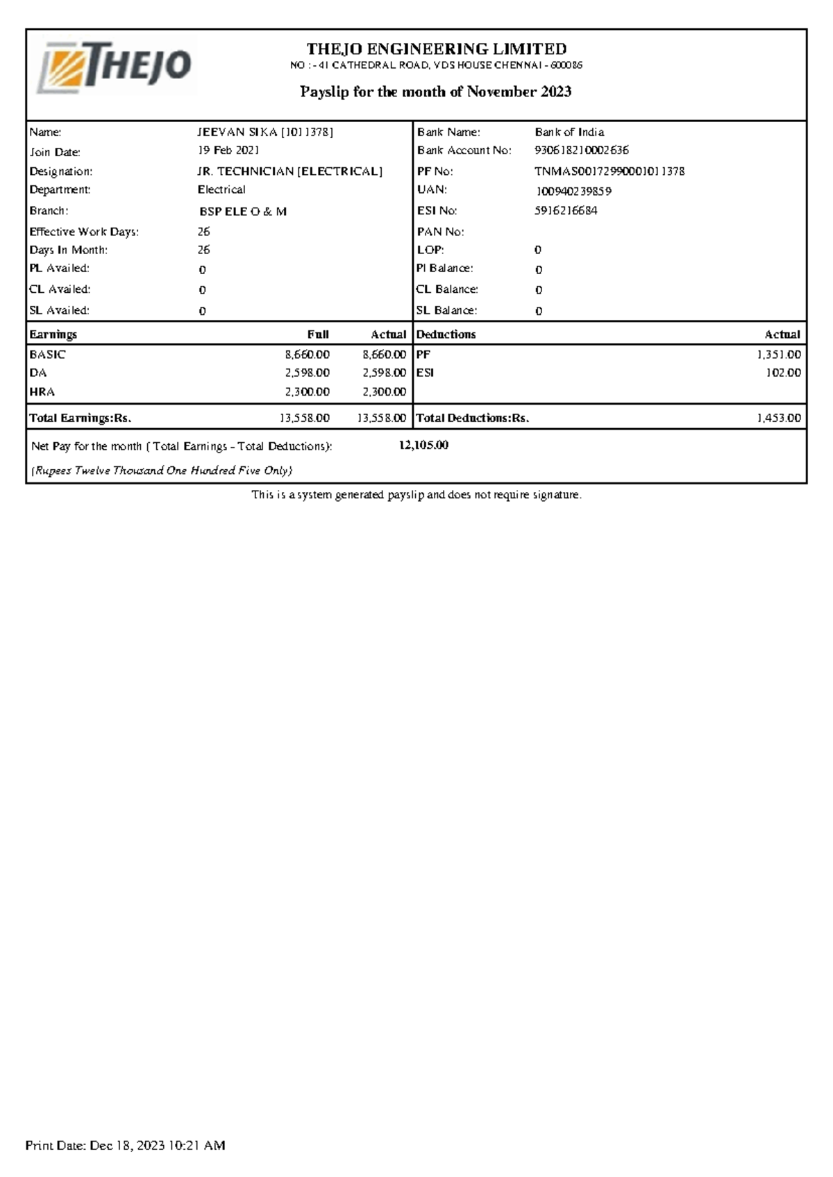 Payslip Nov 2023 - efewf - Print Date: Dec 18, 2023 10:21 AM THEJO ...