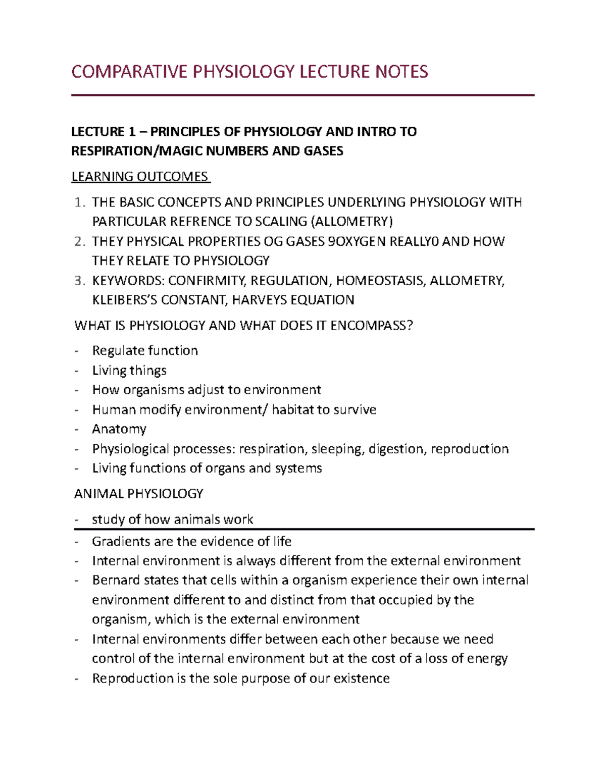 Lecture 1 notes - COMPARATIVE PHYSIOLOGY LECTURE NOTES LECTURE 1 ...