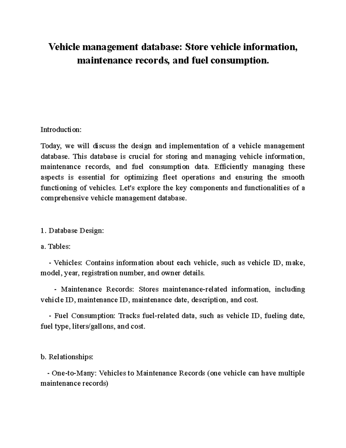 Vehicle Management Database Store Vehicle Information Maintenance Records And Fuel Consumption