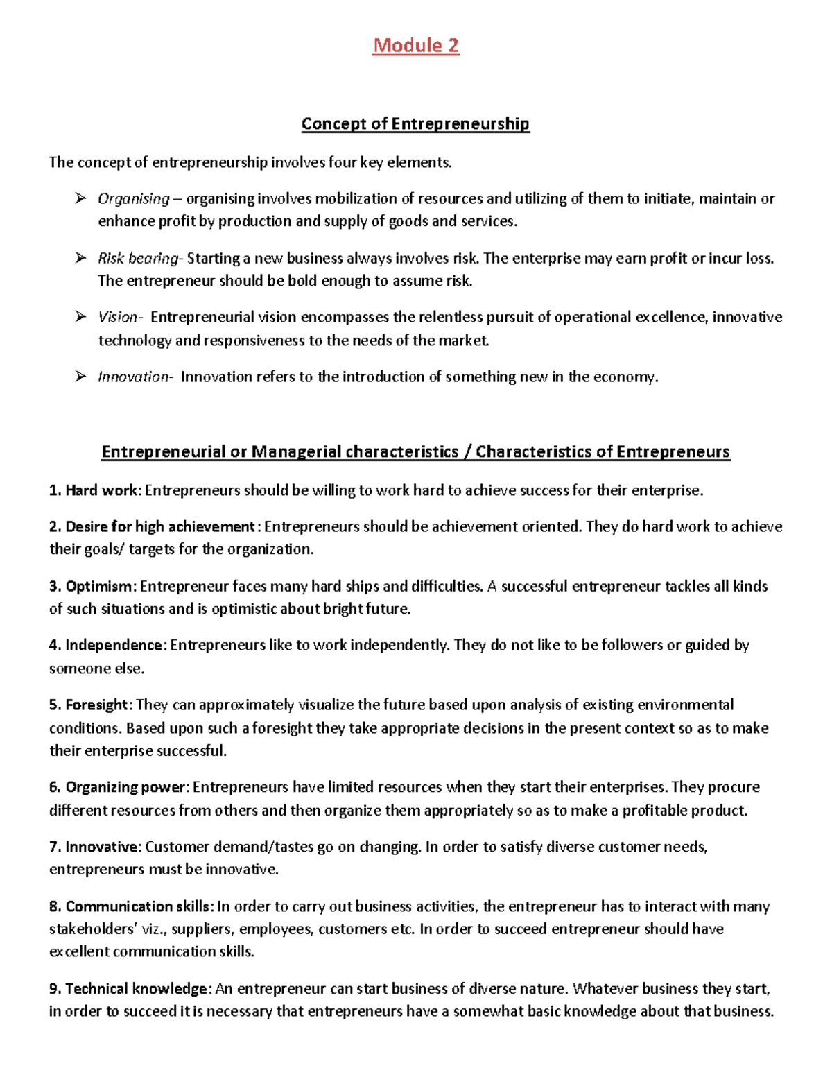 Module 2 full short notes EFBM - Module 2 Concept of Entrepreneurship ...