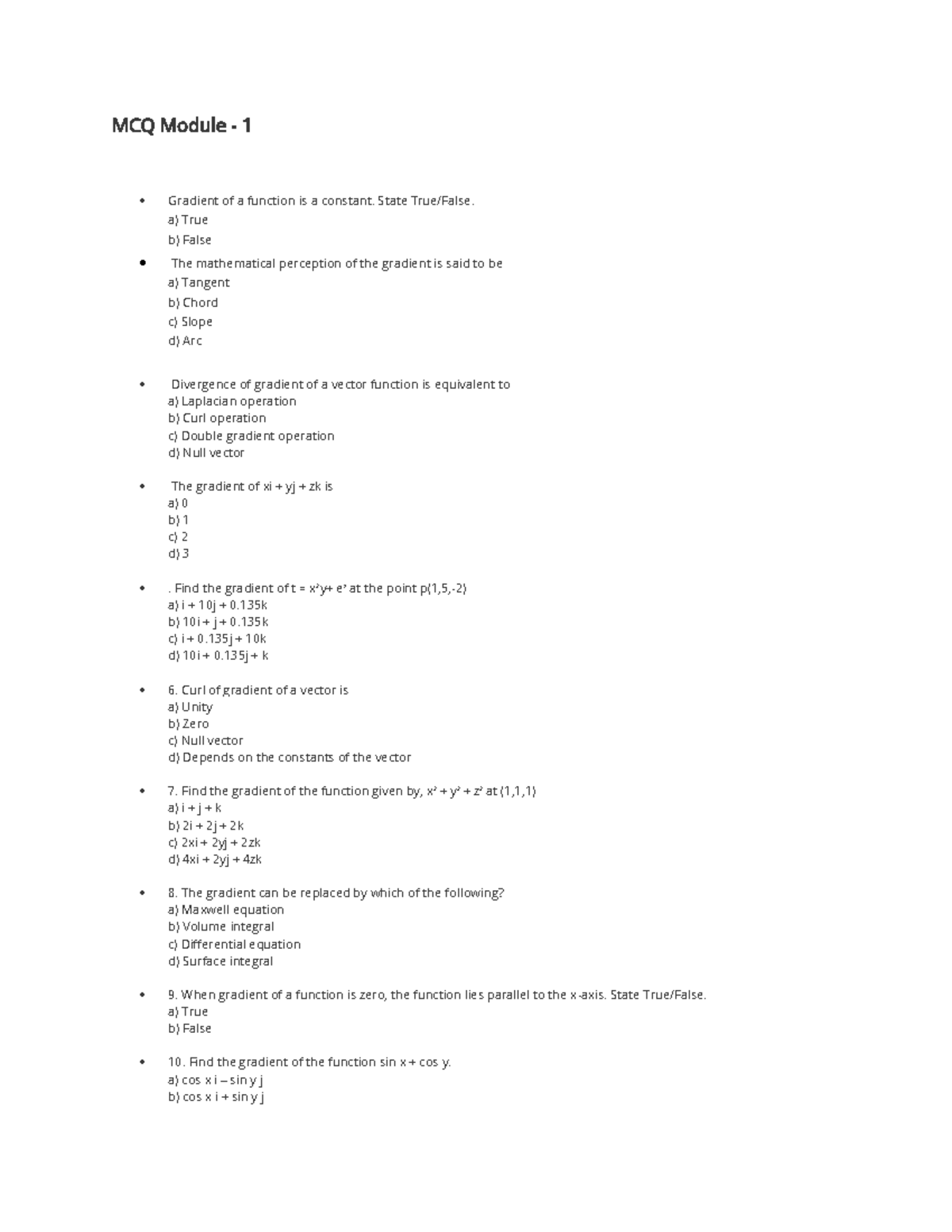 Mcq Module 1 Electromagnetism Mcq Module 1 Gradient Of A Function
