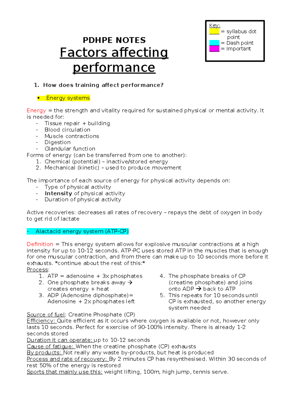 Factors Affecting Perfomance notes - PDHPE NOTES Factors affecting ...