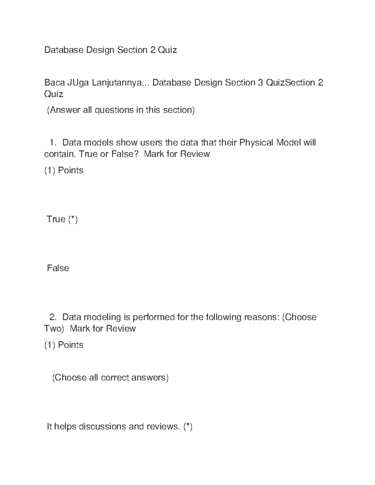 Database Design Section 2 Quiz - .. Database Design Section 3 ...