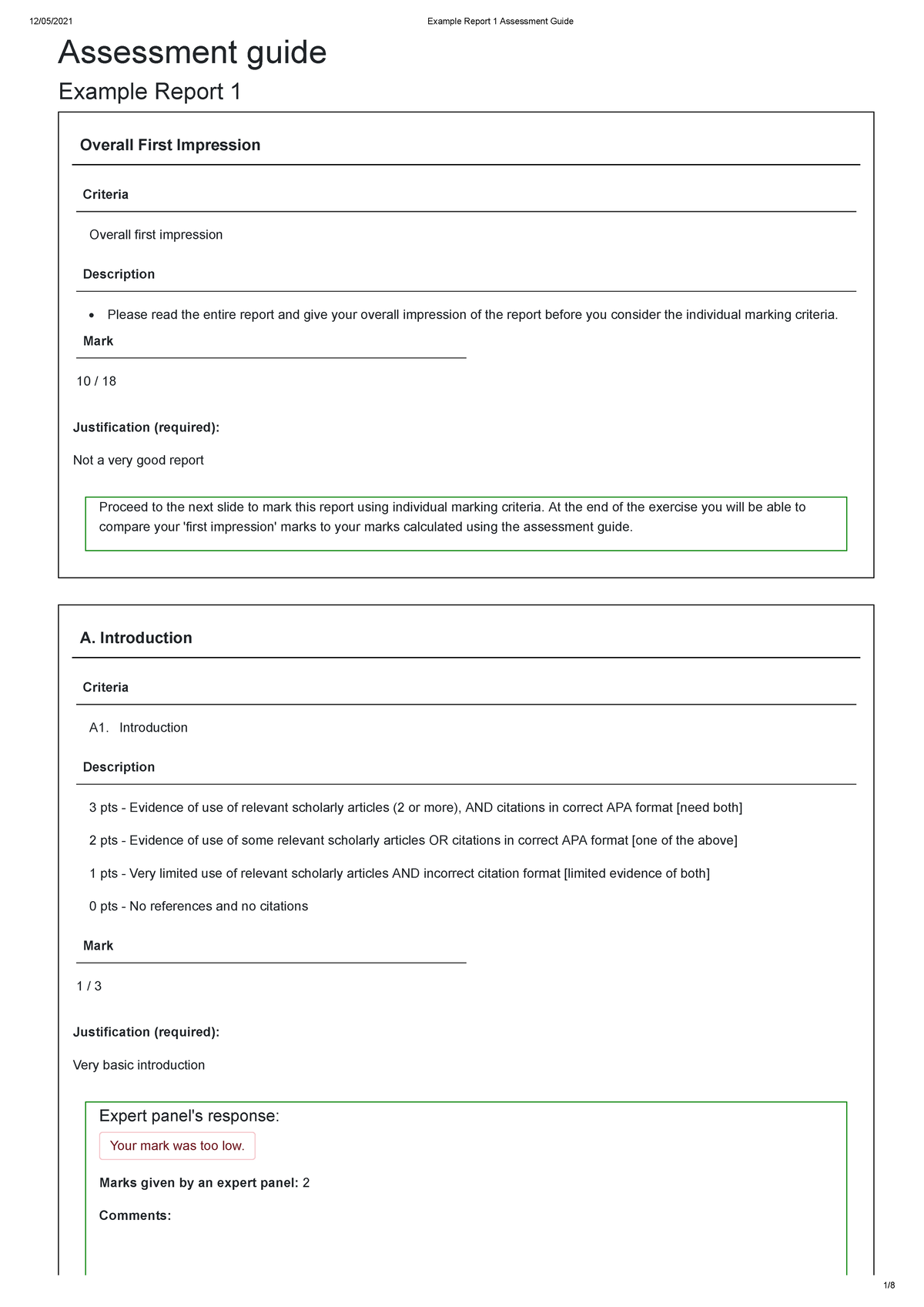Example Report 1 Assessment Guide - Assessment guide Example Report 1 ...