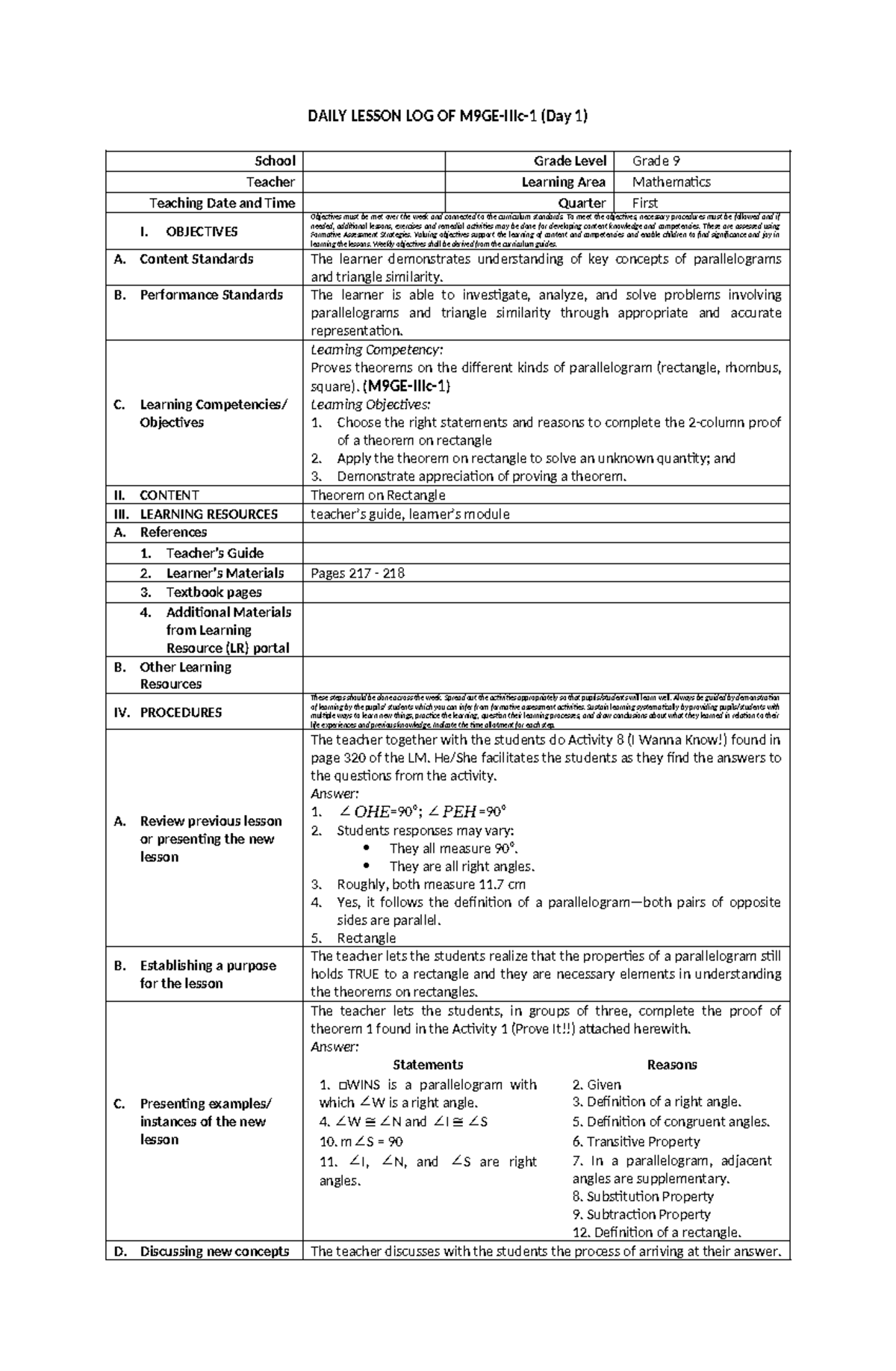 MATH G9 III-Day 9 - day 9 - DAILY LESSON LOG OF M9GE-IIIc-1 (Day 1 ...