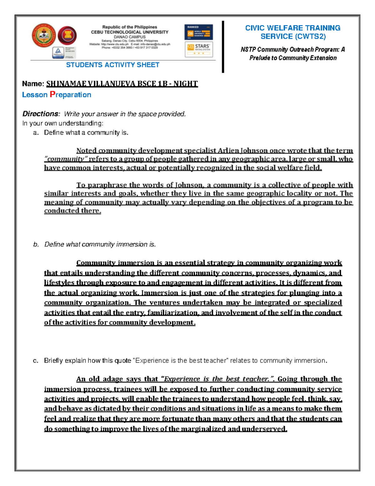 CWTS - Module 2 (Answer) - STUDENTS ACTIVITY SHEET Name: SHINAMAE ...