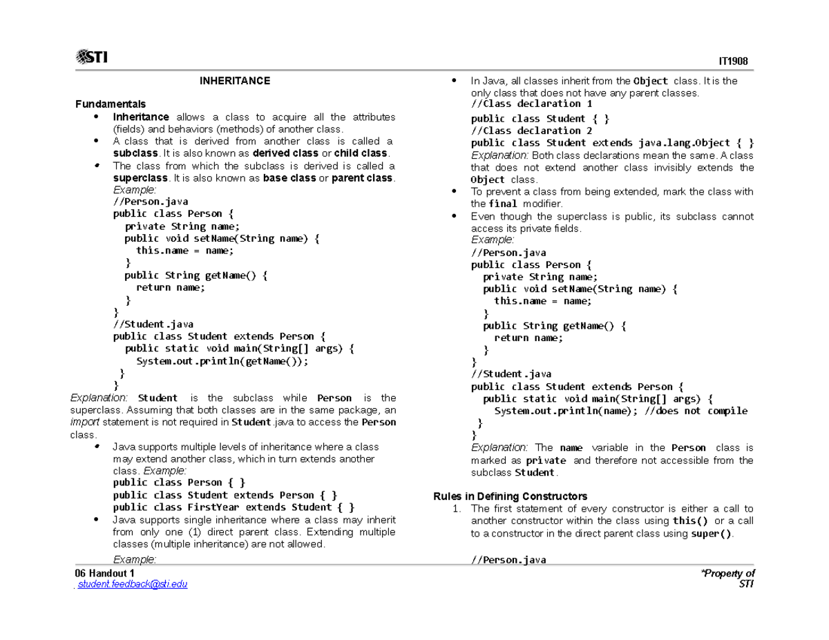 OOP Handout 6 - asd - IT 06 Handout 1 student@sti *Property of STI ...