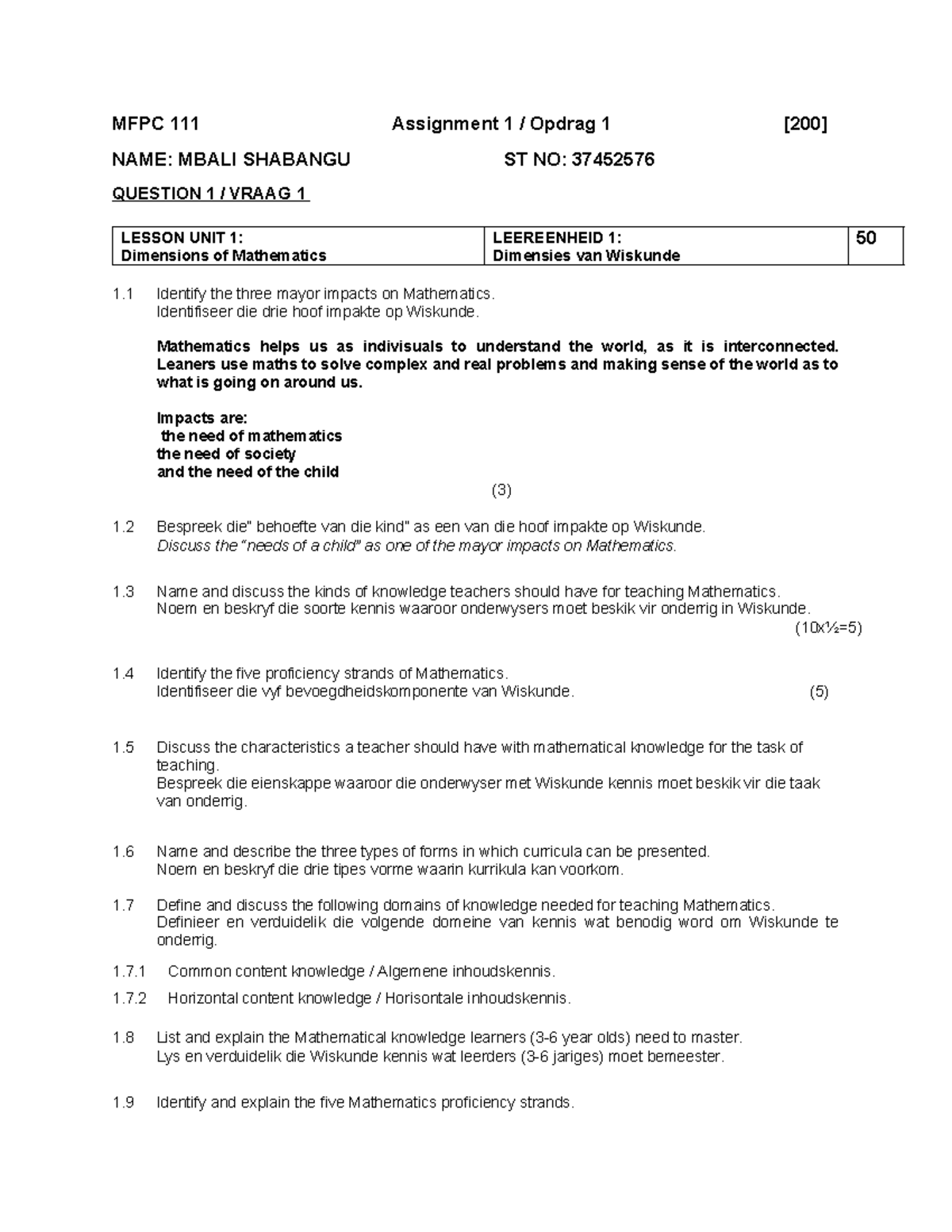 MFPC 111 Assignment 1 - MFPC 111 Assignment 1 / Opdrag 1 [200] NAME ...