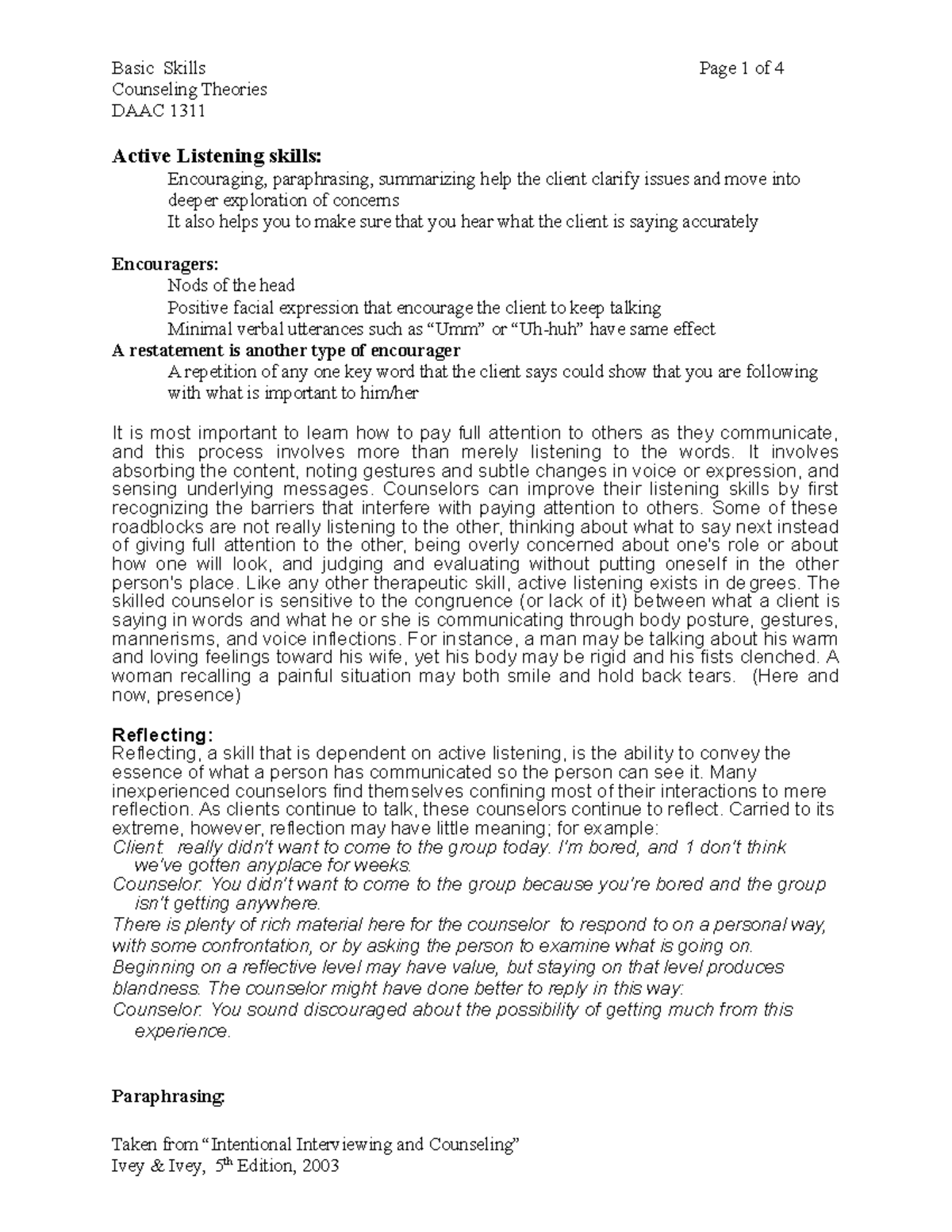 Basic Counseling Skills Handout - Counseling Theories DAAC 1311 Active ...