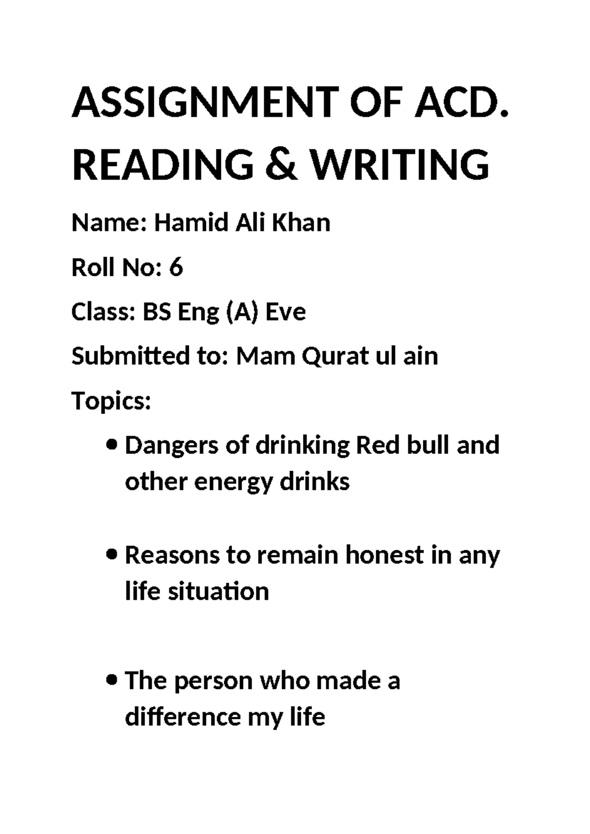 Assignment of Acd. Reading and Writing - ASSIGNMENT OF ACD. READING ...