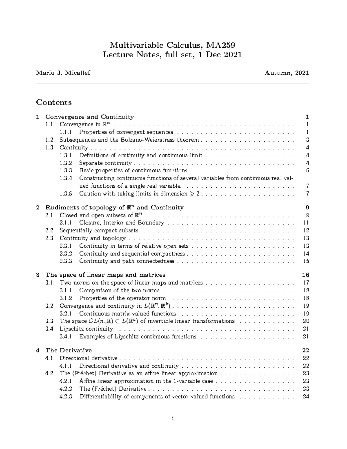 lecture note MA259fullv 1 2122-1 - Contents - Multivariable Calculus ...