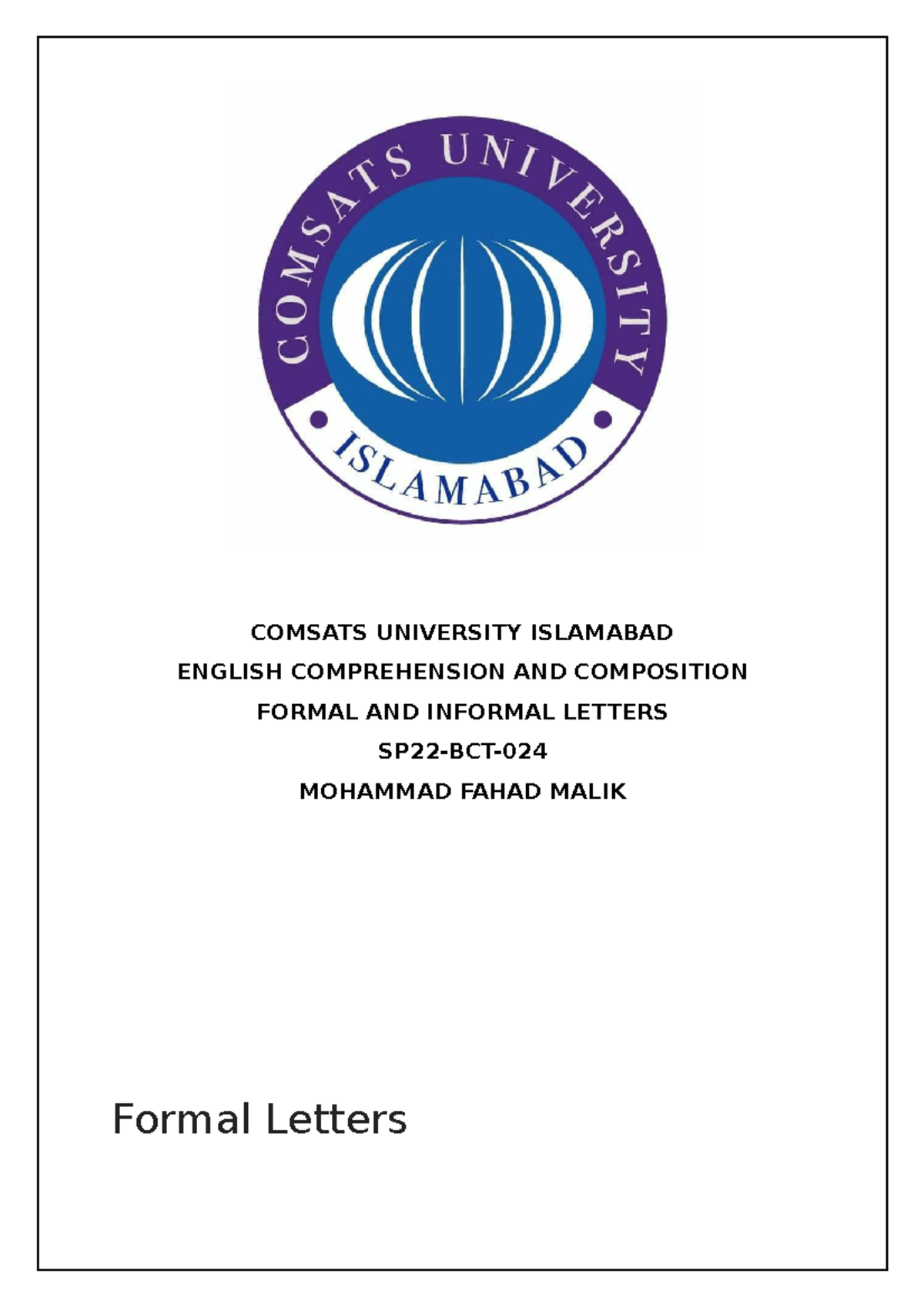 Assignment 3- ENG-Formal and Informal Letters - COMSATS UNIVERSITY ...