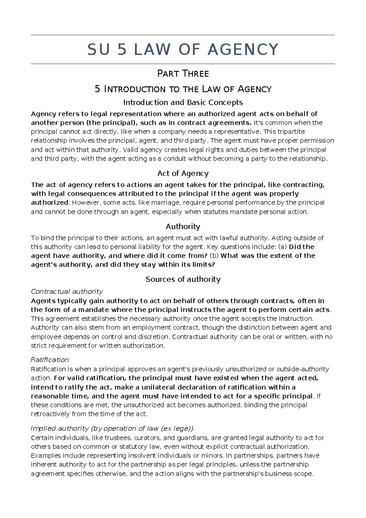 Su 3, 4 & 5 - Summary Business law - SU 5 LAW OF AGENCY PART THREE 5 ...
