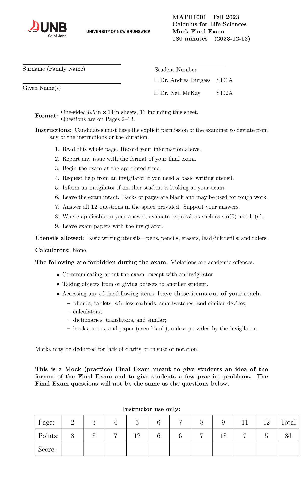 Final Exam-Mock - practice - MATH1001 Fall 2023 Calculus for Life ...