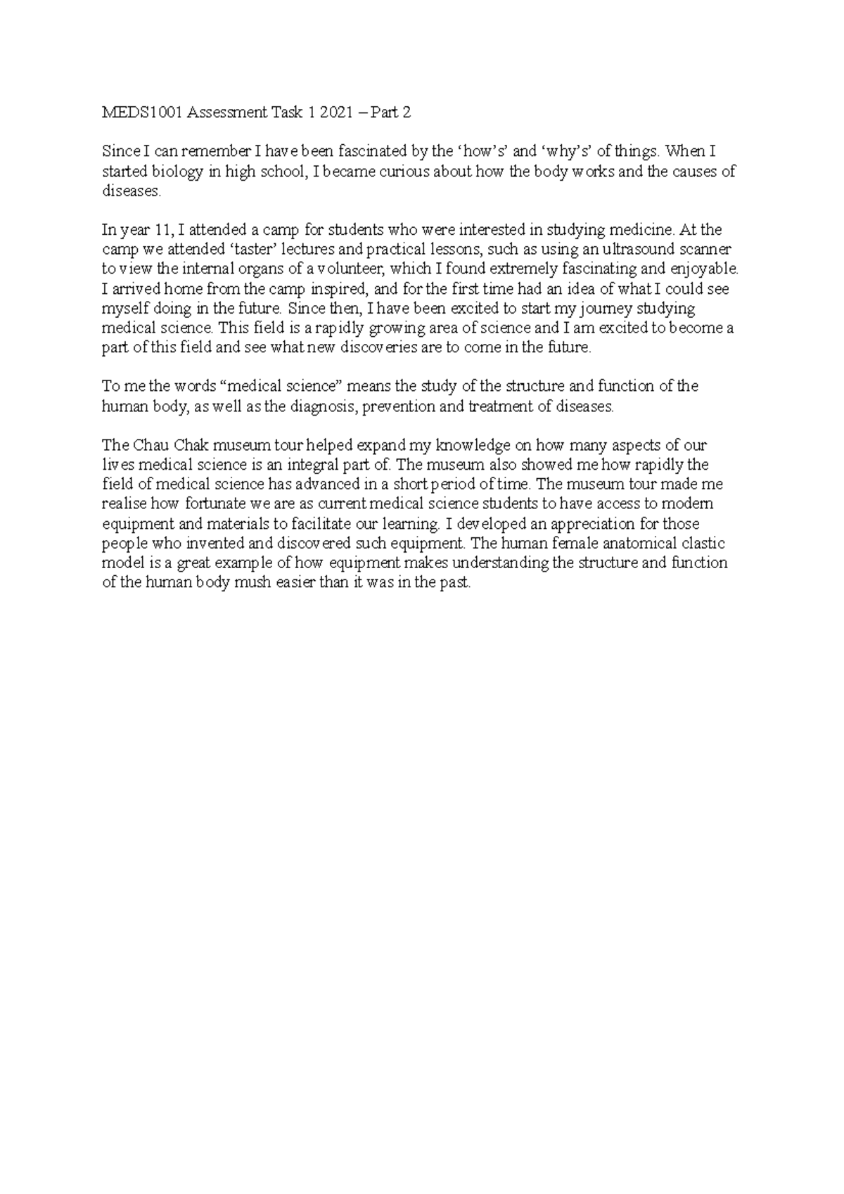 Assessment 1 - essay on human biology - MEDS1001 Assessment Task 1 2021 ...