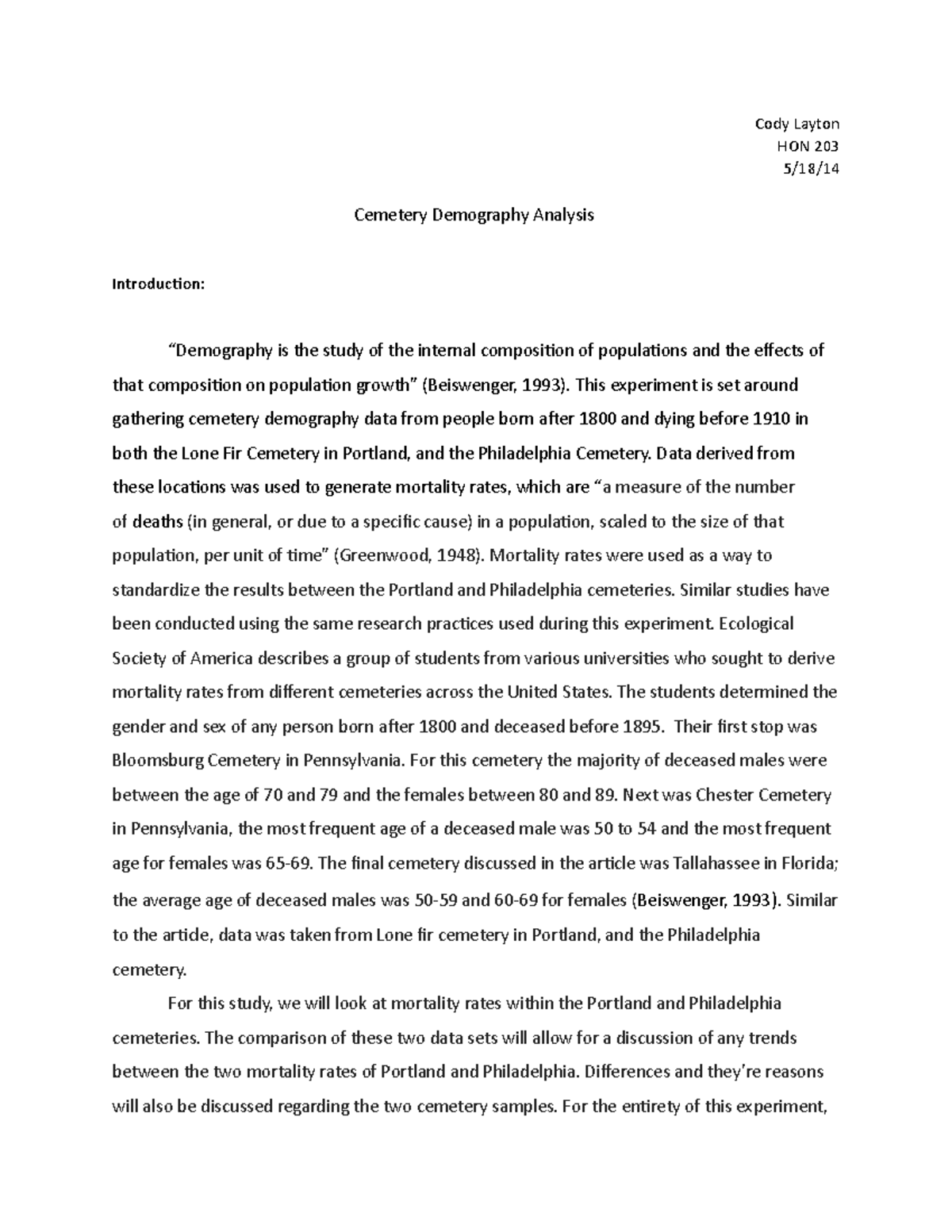 Cemetery Demography Lab - Cody Layton HON 203 Cemetery Demography ...