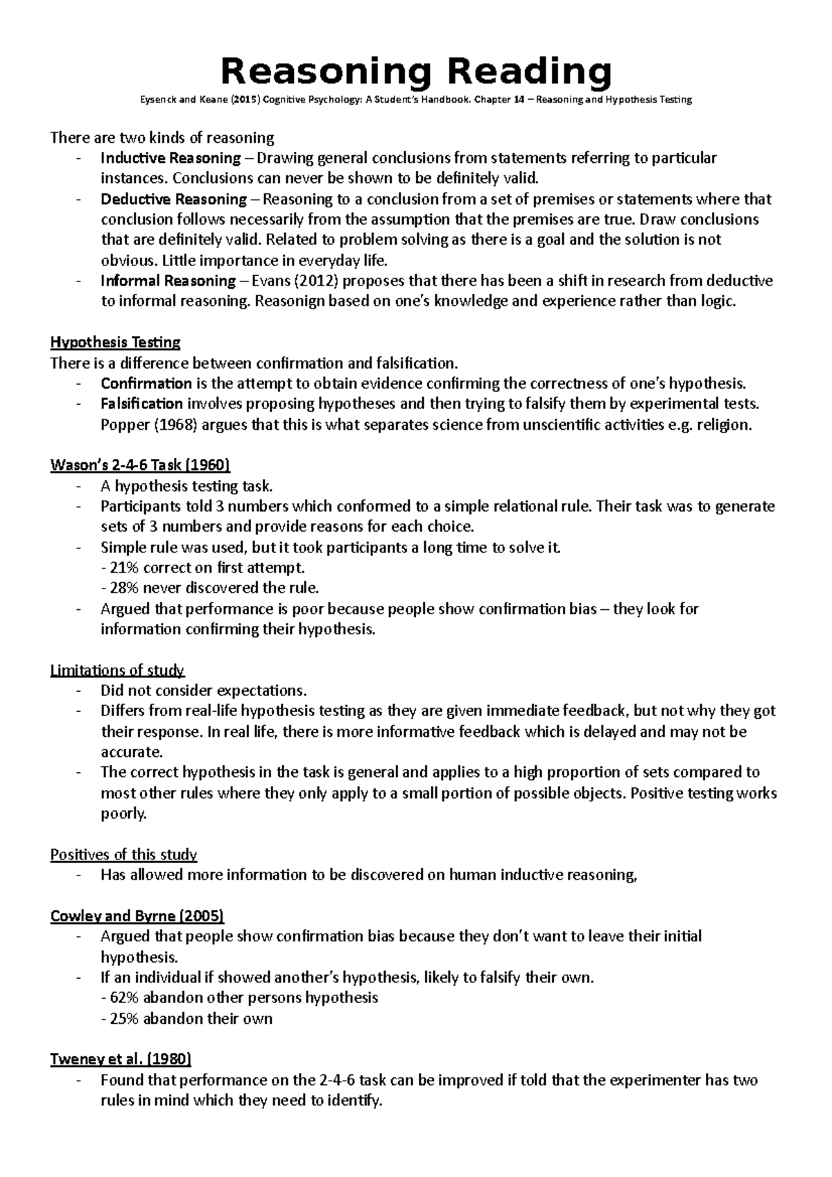Reasoning Notes - Reasoning Reading Eysenck and Keane (2015) Cognitive ...
