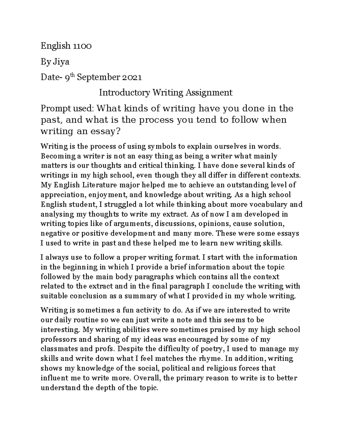 English assignment 1 - English 1100 By Jiya Date- 9th September 2021 ...